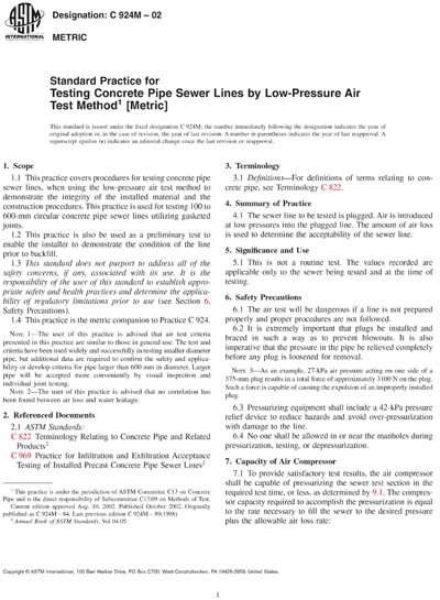 ASTM C924M-02 - Standard Practice for Testing Concrete Pipe Sewer Lines ...