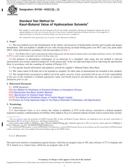 ASTM D1133-13 Red - Standard Test Method for Kauri-Butanol Value of ...