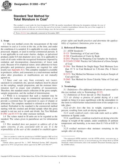 ASTM D3302-07 - Standard Test Method for Total Moisture in Coal