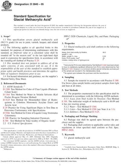 ASTM D3845-05 - Standard Specification for Glacial Methacrylic Acid