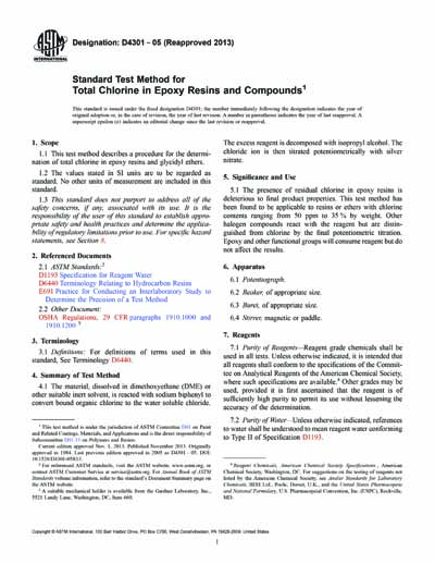 ASTM D4301-05(2013) - Standard Test Method for Total Chlorine in Epoxy ...