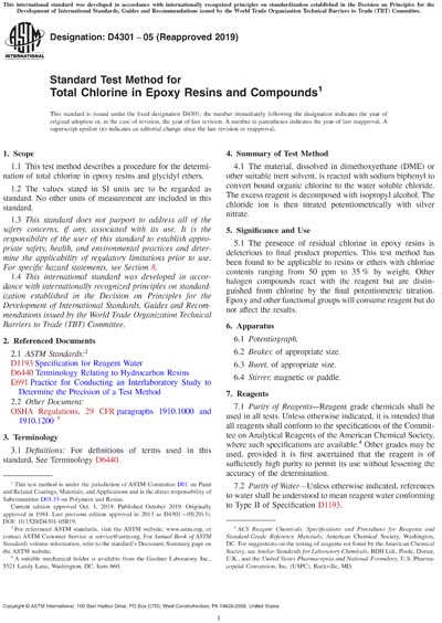ASTM D4301-05(2019) - Standard Test Method for Total Chlorine in Epoxy ...