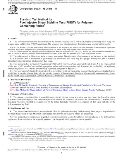ASTM D5275-17 Red - Standard Test Method for Fuel Injector Shear ...