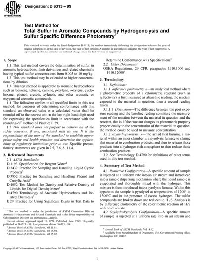 ASTM D6313-99 - Test Method for Total Sulfur in Aromatic Compounds by ...