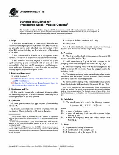 ASTM D6738-15 - Standard Test Method for Precipitated Silica - Volatile ...