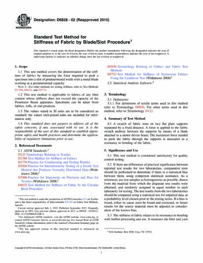 ASTM D6828-02(2015) - Standard Test Method for Stiffness of Fabric by ...