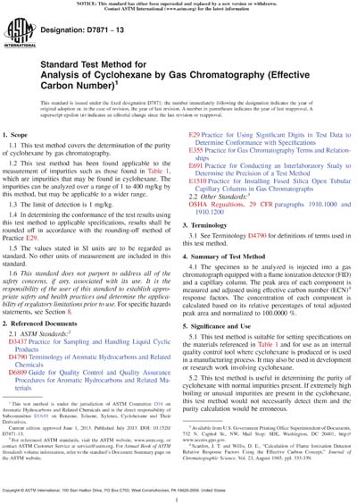 ASTM D7871-13 - Standard Test Method for Analysis of Cyclohexane by Gas ...
