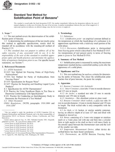 ASTM D852-02 - Standard Test Method for Solidification Point of Benzene