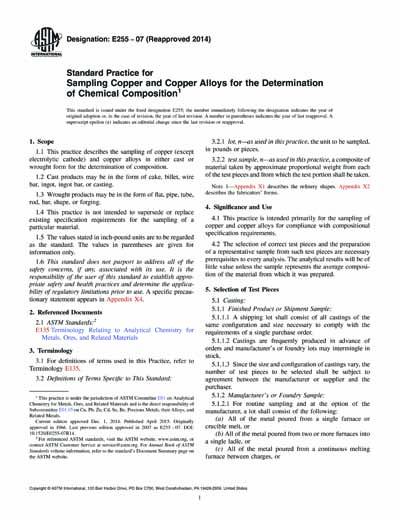 ASTM E255-07(2014) - Standard Practice for Sampling Copper and Copper ...