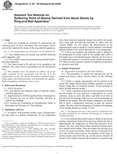 ASTM E28-99(2004) - Standard Test Methods for Softening Point of Resins ...