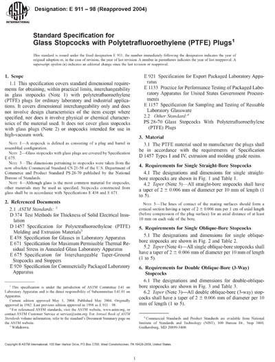 ASTM E911-98(2004) - Standard Specification for Glass Stopcocks with ...