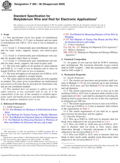 ASTM F289-96(2009) - Standard Specification for Molybdenum Wire and Rod ...