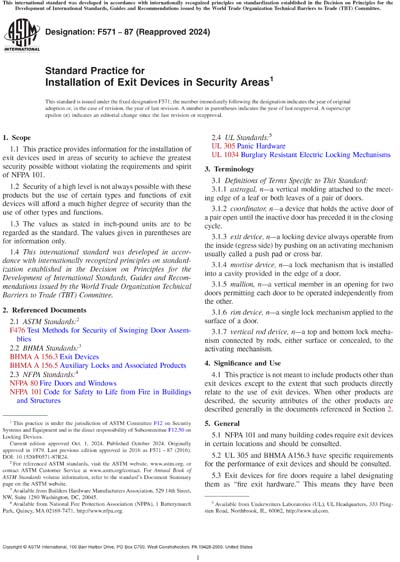 ASTM F571-87(2024) - Standard Practice for Installation of Exit Devices ...