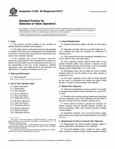 ASTM F1030-86(2014)e1 - Standard Practice for Selection of Valve Operators