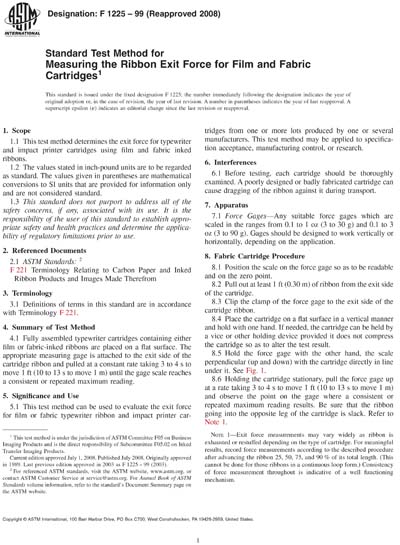 ASTM F1225-99(2003) - Standard Test Method for Measuring the Ribbon ...