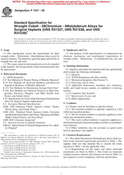ASTM F1537-00 - Standard Specification for Wrought Cobalt-28-Chromium-6 ...