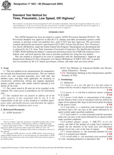 ASTM F1923-98(2005) - Standard Test Method for Tires, Pneumatic, Low ...