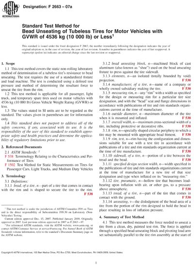 ASTM F2663-07a - Standard Test Method for Bead Unseating of Tubeless ...