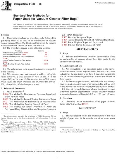 ASTM F430-05 - Standard Test Methods for Paper Used for Vacuum Cleaner ...