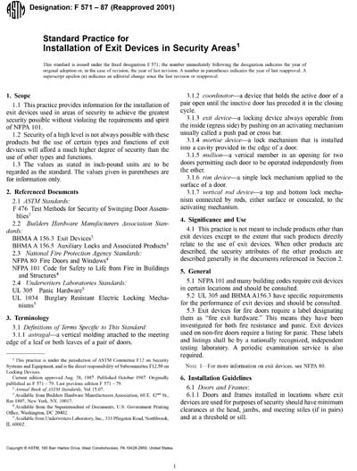 ASTM F571-87(2001) - Standard Practice for Installation of Exit Devices ...