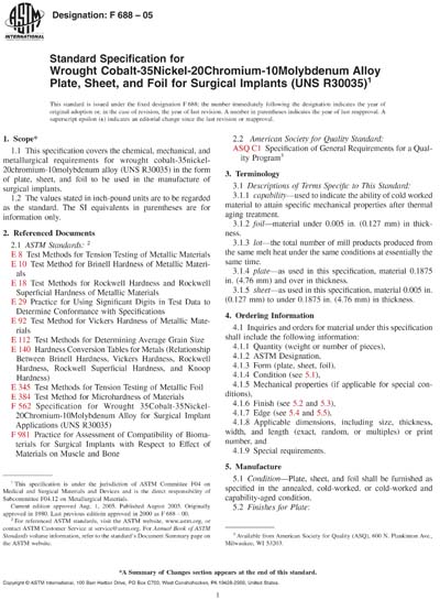 ASTM F688-05 - Standard Specification for Wrought Cobalt-35Nickel ...