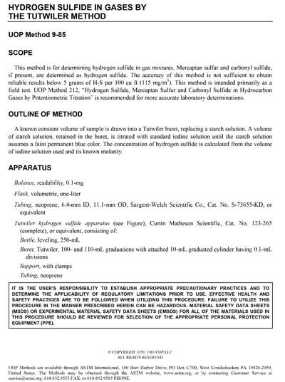 ASTM UOP9-85 - Hydrogen Sulfide in Gases by the Tutwiler Method
