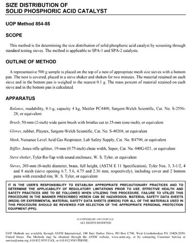 ASTM UOP854-85 - Size Distribution of Solid Phosphoric Acid Catalyst