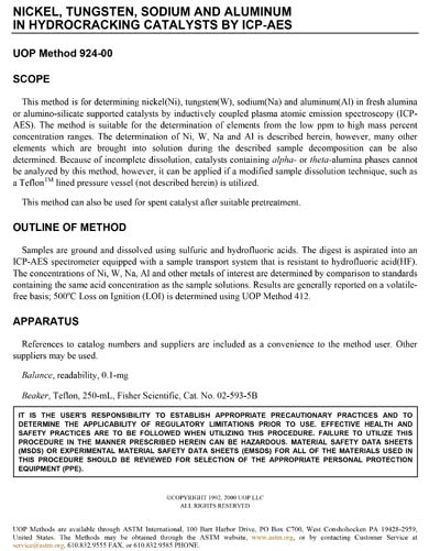 ASTM UOP924-00 - Nickel, Tungsten, Sodium and Aluminum in Hydrocracking ...