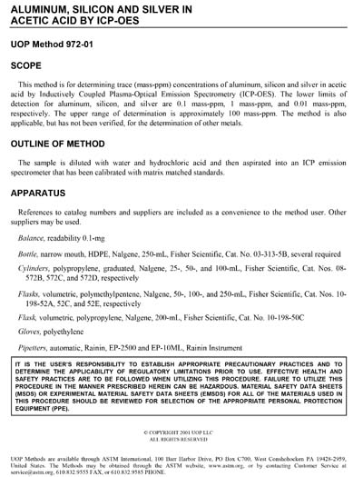 ASTM UOP972-01 - Aluminum, Silicon and Silver in Acetic Acid by ICP-OES