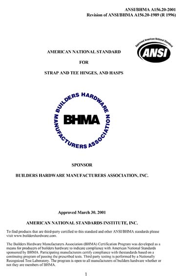 ANSI/BHMA A156.20-2001 - Strap & Tee Hinges and Hasps