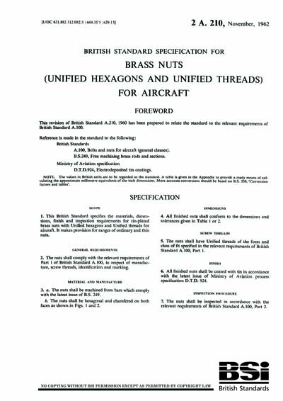BS 2A 210:1962 - Specification for brass nuts (Unified hexagons and ...