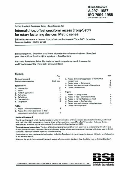BS A 297:1987 - Specification for internal drive, offset cruciform ...