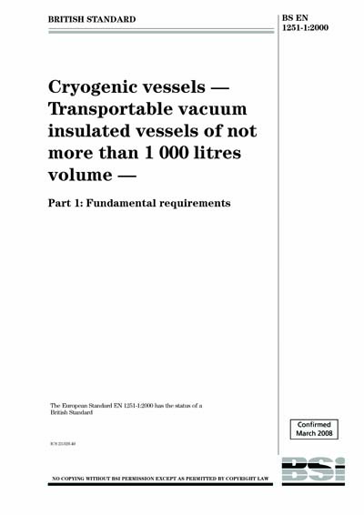 BS EN 1251-1:2000 - Cryogenic vessels. Transportable vacuum insulated ...