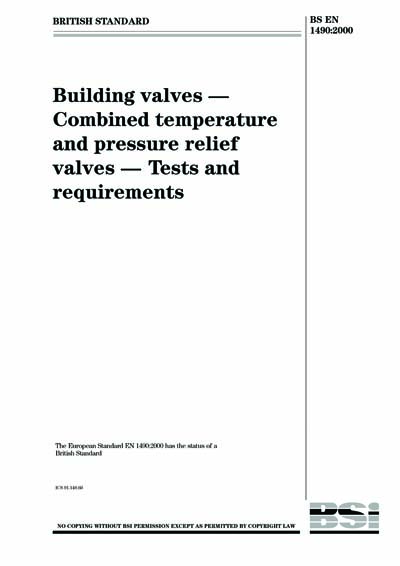 BS EN 1490:2000 - Building valves. Combined temperature and pressure ...