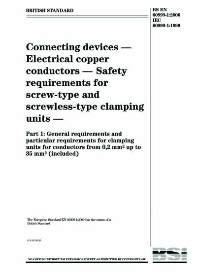 BS EN 60999-1:2000 - Connecting devices. Electrical copper conductors ...
