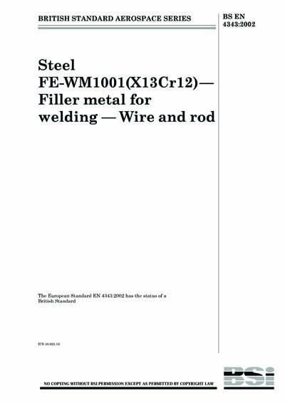 BS EN 4343:2002 - Aerospace series. Steel FE-WM1001 (X13Cr12). Filler ...