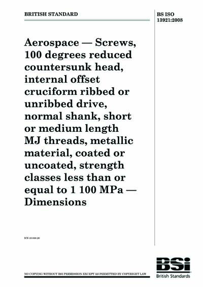 BS ISO 13921:2008 - Aerospace. Screws, 100 degrees reduced countersunk ...