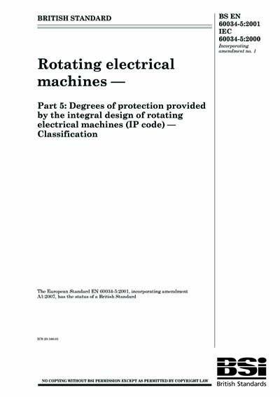BS EN 60034-5:2001 - Rotating electrical machines. Degrees of ...