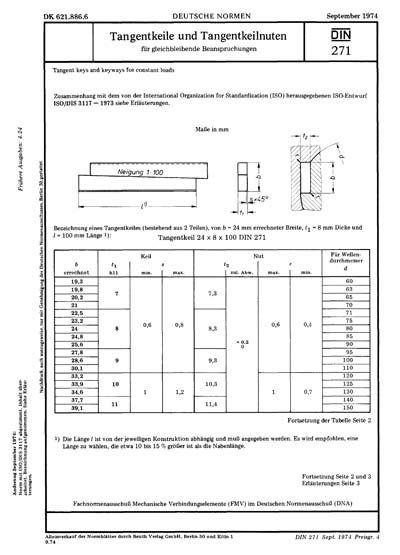 DIN 271:1974 DE - Tangentkeile und Tangentkeilnuten für gleichbleibende ...