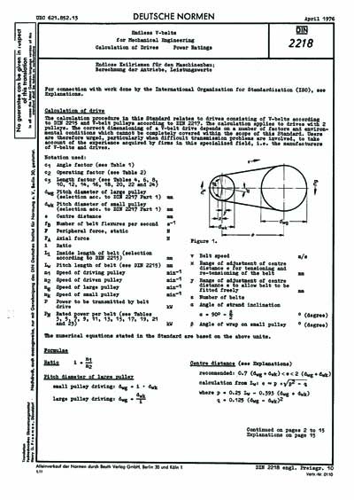 DIN 2218:1976 - Endless V-belts for Mechanical Engineering; Calculation ...