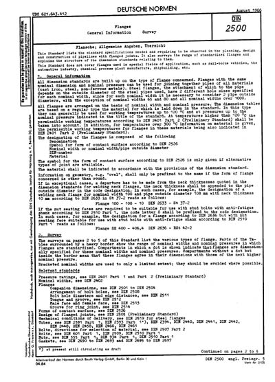 DIN 2500:1966 - Flanges; General Information, Survey (FOREIGN STANDARD)