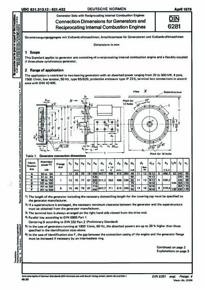 DIN 6281:1978 - Generator Sets with Reciprocating Internal Combustion ...
