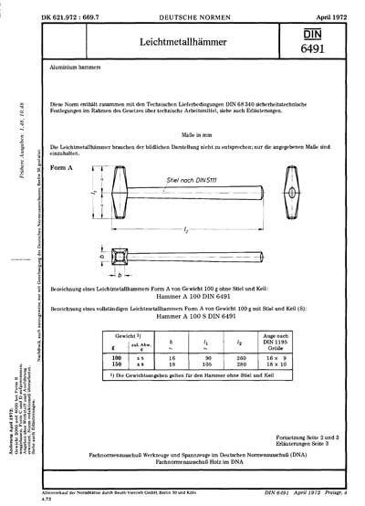 DIN 6491:1972 DE - Leichtmetallhämmer