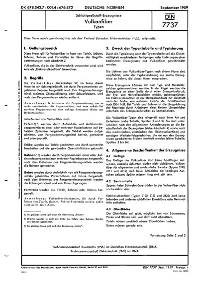 DIN 7737:1959 DE - Schichtpreßstoff-Erzeugnisse; Vulkanfiber, Typen