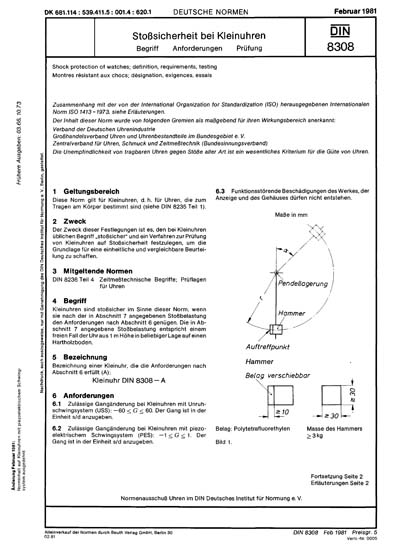 DIN 8308:1981 DE - Stoßsicherheit bei Kleinuhren; Begriff ...