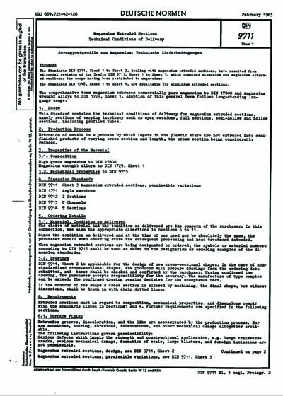 DIN 9711-1:1963 - Magnesium Extruded Sections; Technical Conditions of ...
