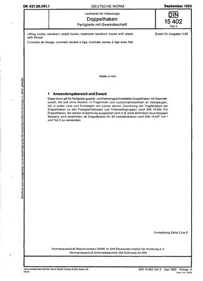 DIN 15402-2:1983 DE - Lasthaken für Hebezeuge; Doppelhaken; Fertigteile ...