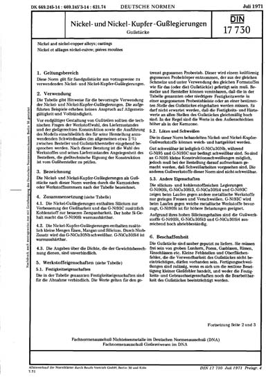 DIN 17730:1971 DE - Nickel- und Nickel-Kupfer-Gußlegierungen; Gußstücke ...