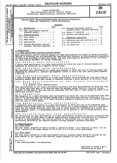 DIN 28410:1968 - Vacuum Technology; Mass Spectrometer Partial Pressure ...