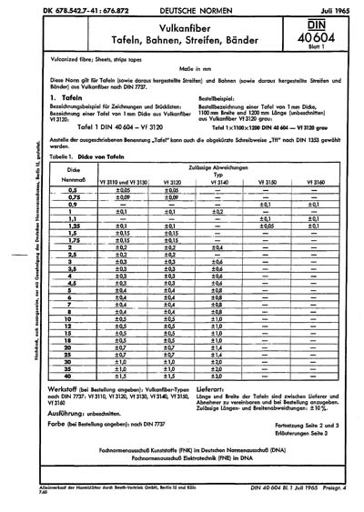 DIN 40604-1:1965 DE - Vulkanfiber; Tafeln, Bahnen, Streifen, Bänder ...